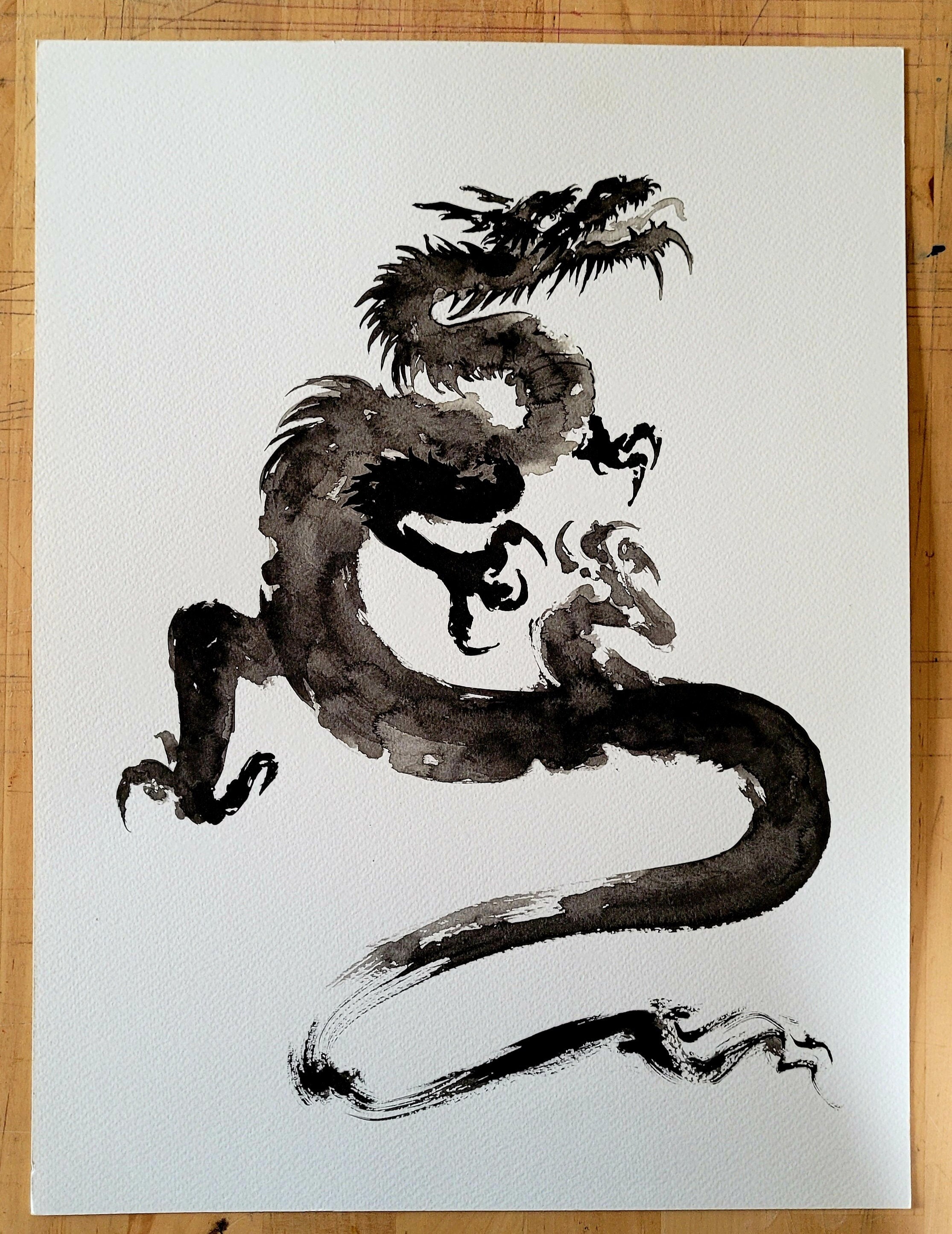 Japanese Dragon Watercolor Painting: Sumi-e Ink Art Print - Etsy