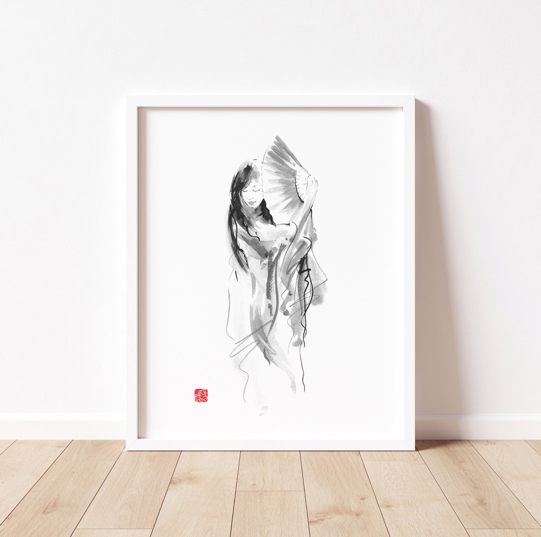 Geisha Ink Drawing Art Print: Japanese Sumi-e Poster - Etsy
