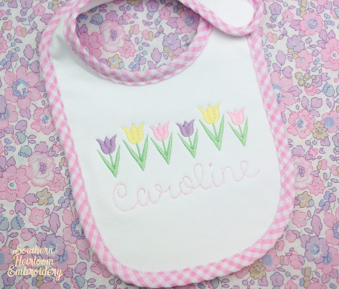 Easter Bib, Spring Bib, Tulip Bib, Gingham Bib, Embroidered Bib ...