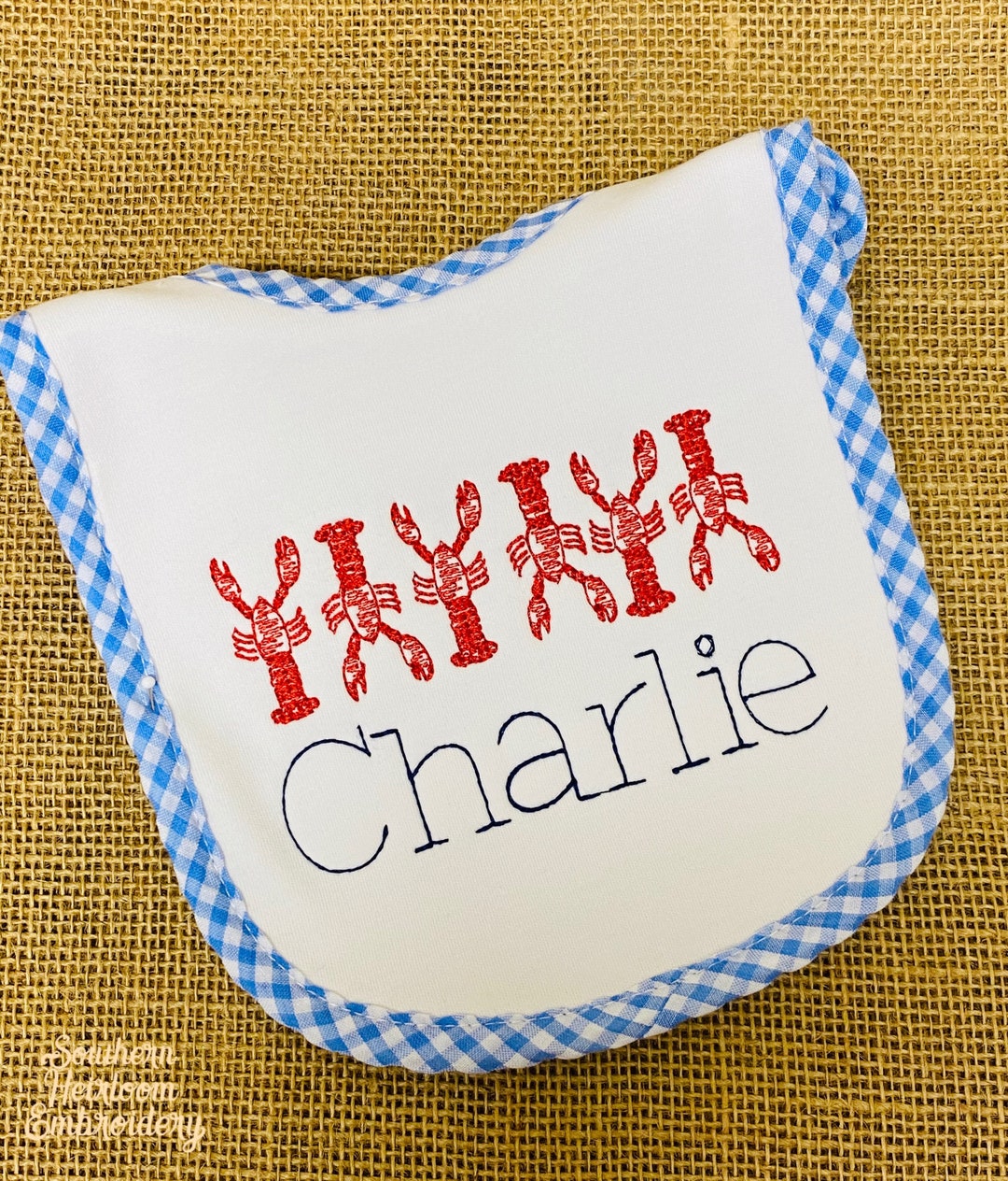 Crawfish Lobster Bib, Name Monogram Embroidered Bib, Gingham Bib, Blue ...