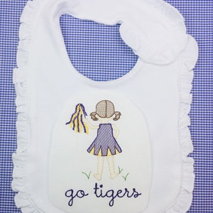 Cheerleader Bib, Tiger Bib, Purple and Gold Bib, Embroidered Bib, Baby ...