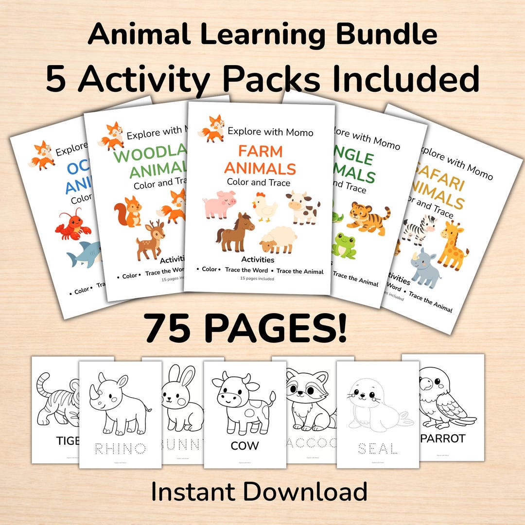 Animal Learning Bundle for Toddlers, 75 Printable Activities, Preschool ...