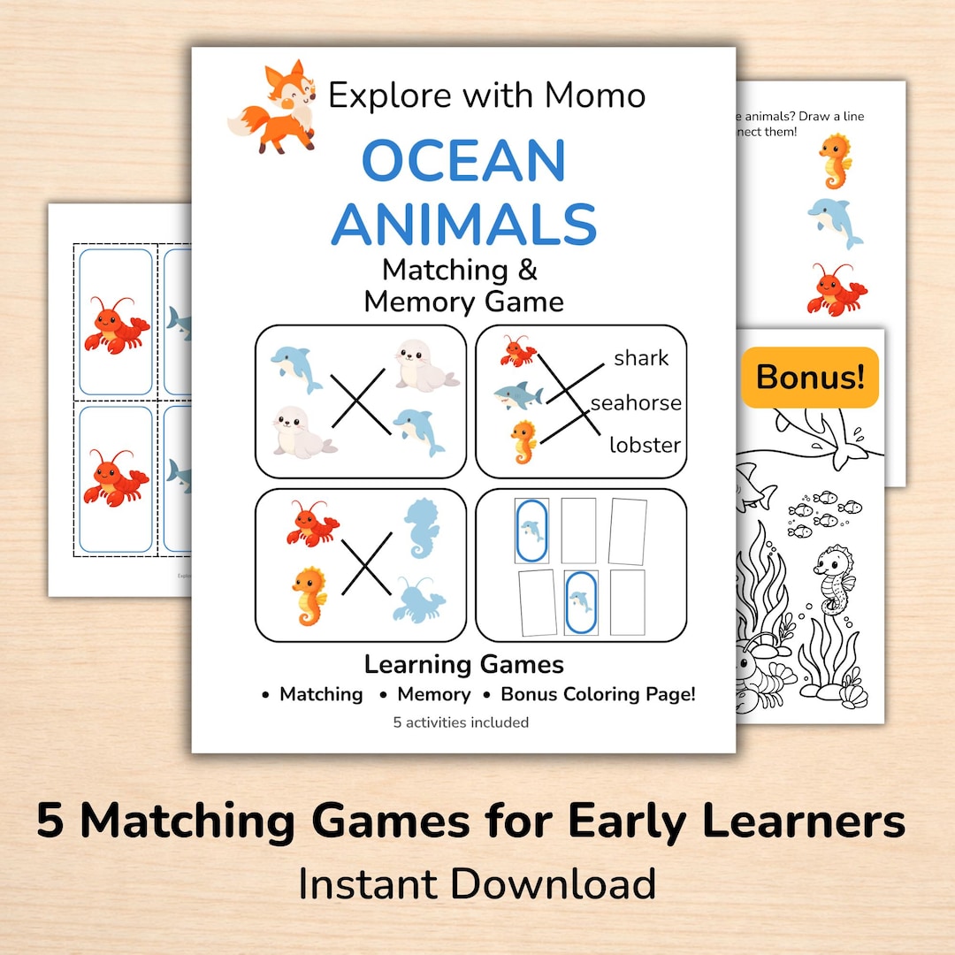 Ocean Animals Matching Activities & Game, Preschool Learning Activities ...