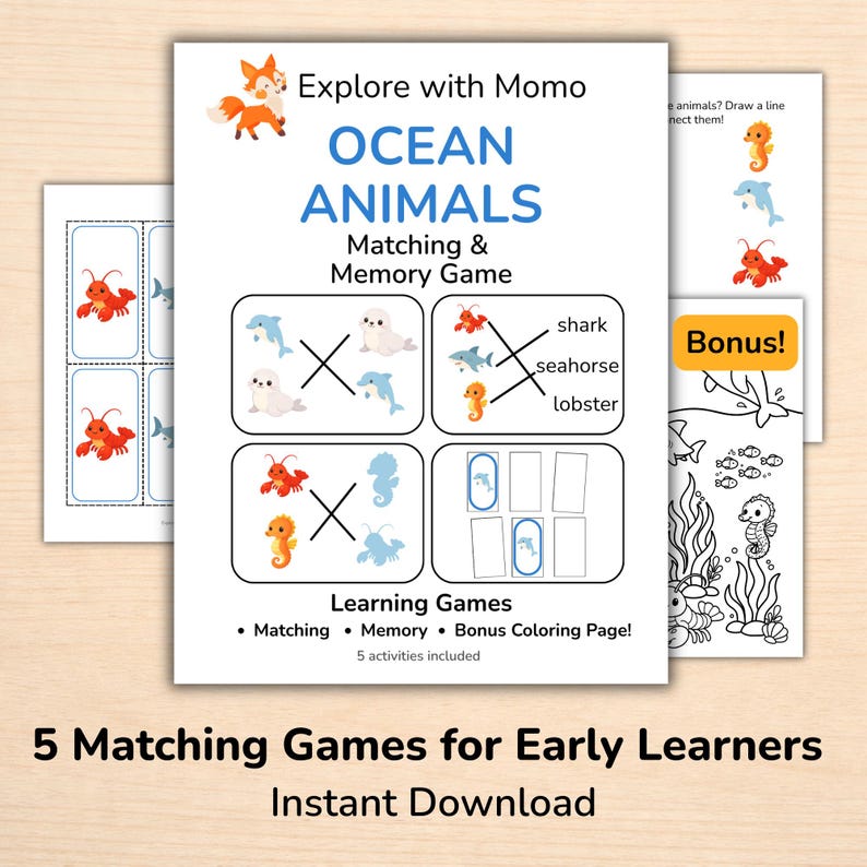 Ocean Animals Matching Activities & Game, Preschool Learning Activities ...