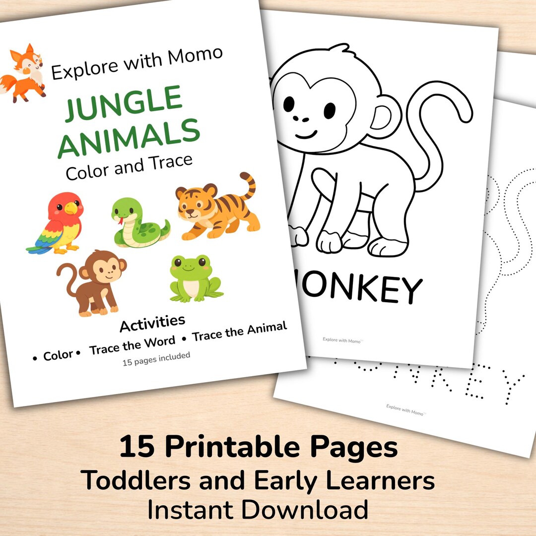 Jungle Animals Coloring and Tracing Pages for Toddlers, Printable ...