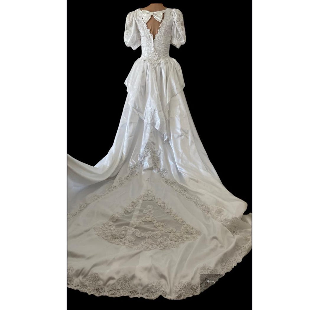 Elegant 1980s Form Fitting Satin Wedding Gown With Peplum Style ...