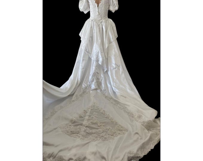 Elegant 1980s Form Fitting Satin Wedding Gown With Peplum Style ...