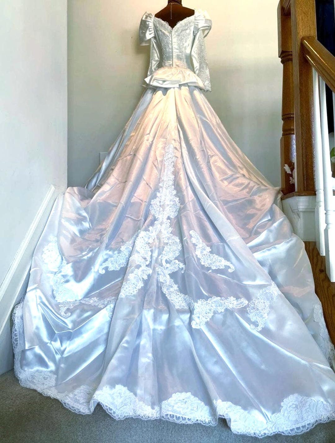 Elegant Three Piece 1980s Form Fitting Satin Wedding Gown, Cathedral ...