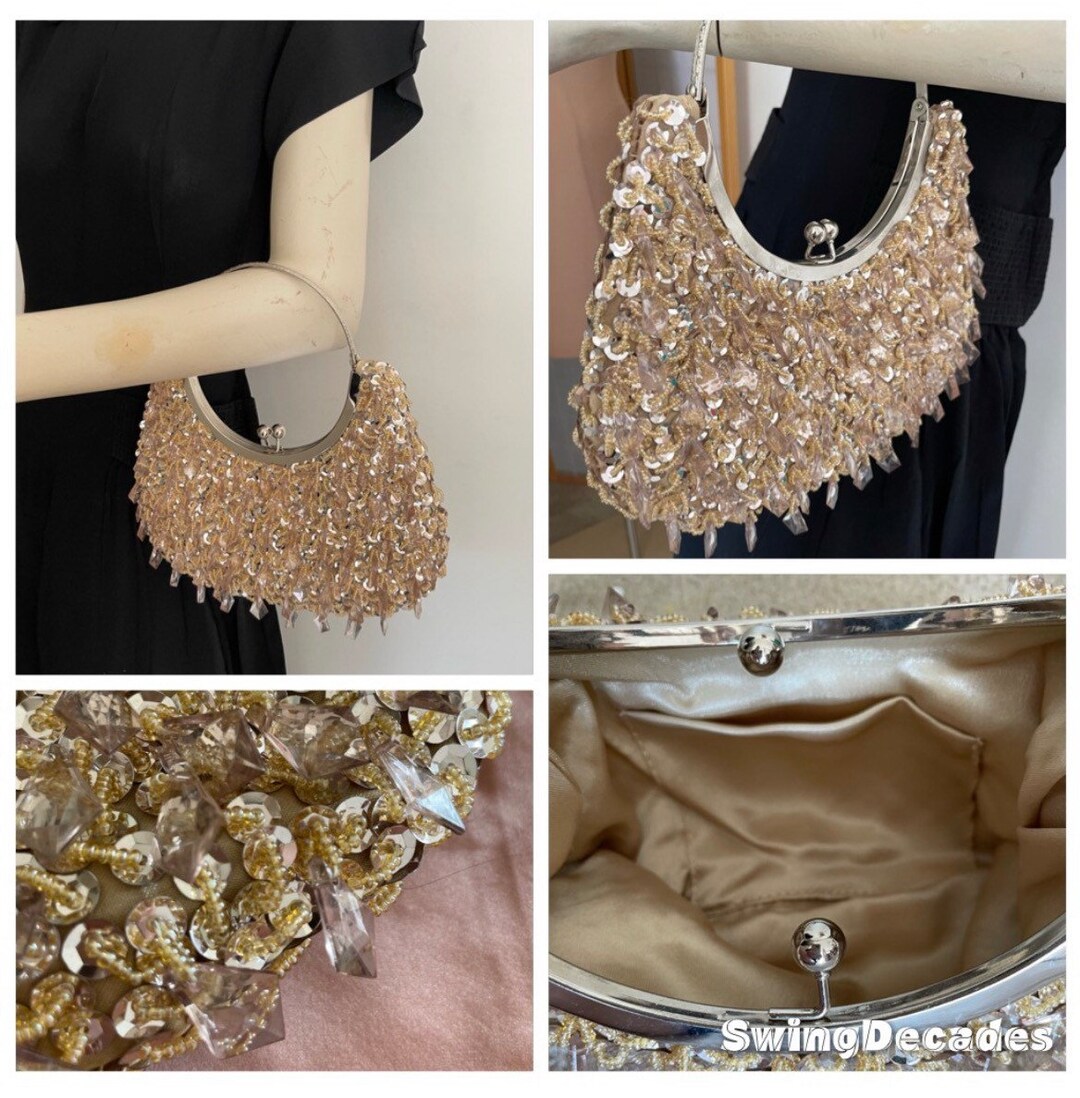 Sparkling Gold Beaded Purse With Circular Handle and Frame in Excellent ...