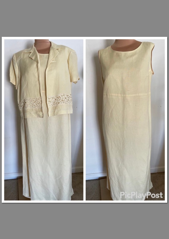 80s Soft Yellow Linen Dress and Jacket Set in Plus Si… - Gem