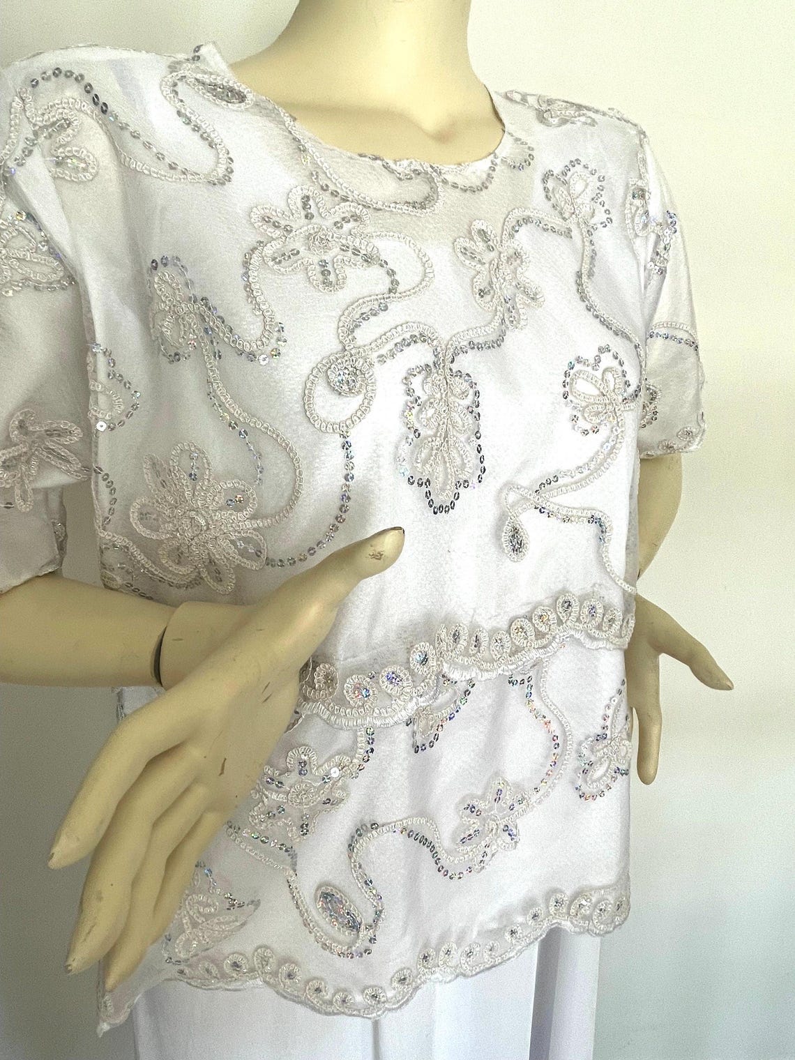 White Formal Top With Silver Beaded Design Scalloped Hem and Half ...