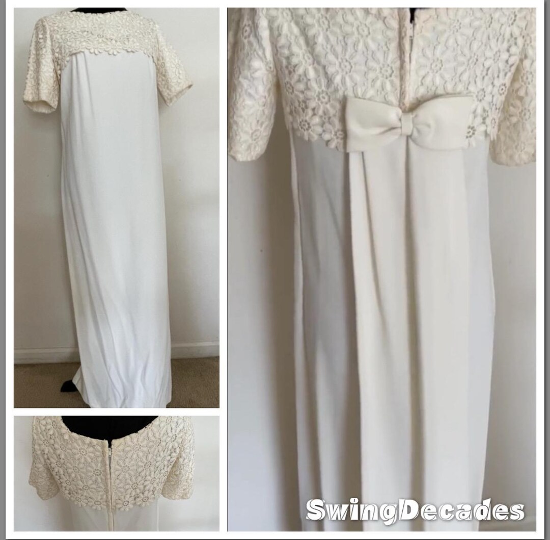 60s off White Crepe Pencil Wedding Dress With Daisy Lace Yoke ...