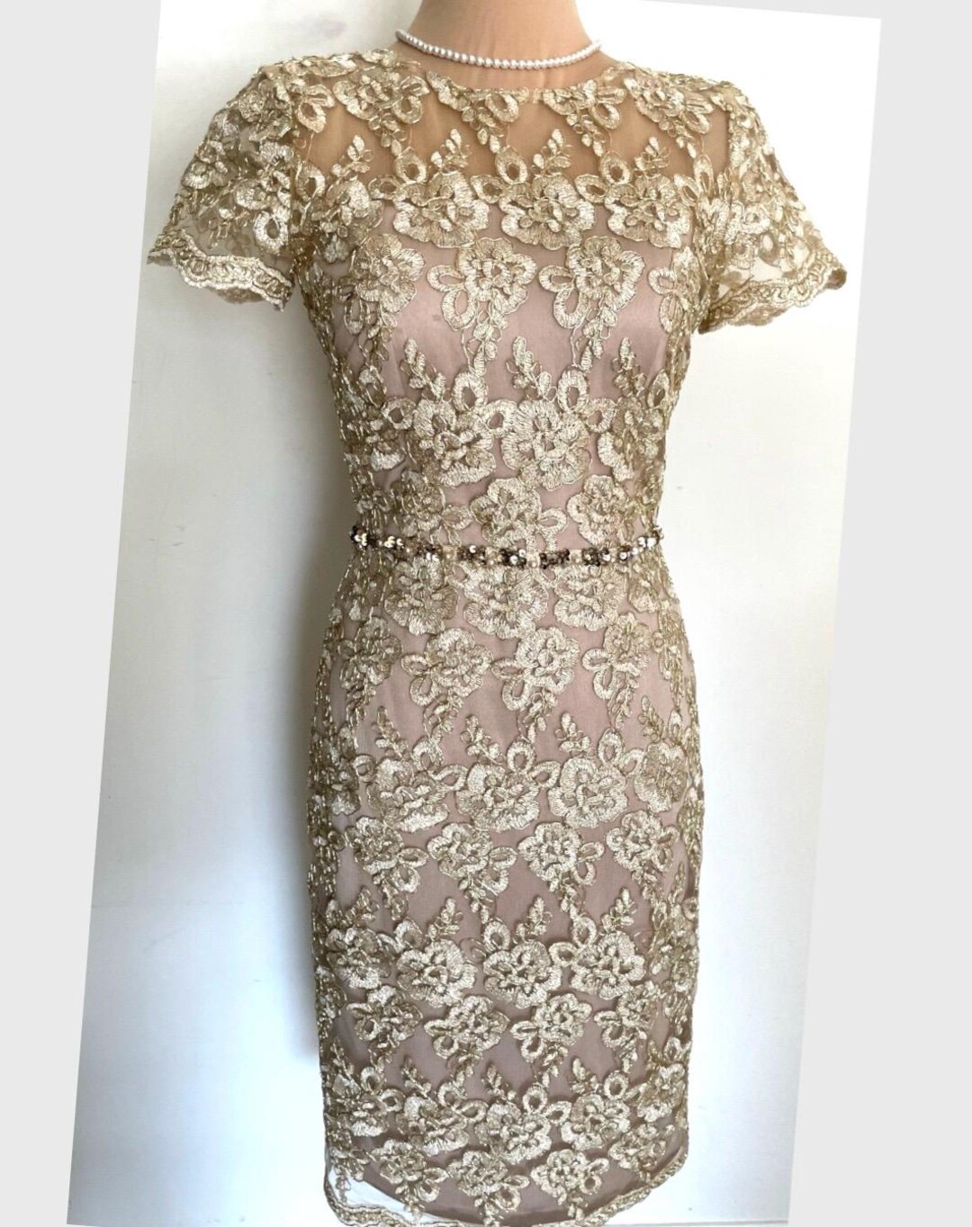 Sweet Champaign and Gold Lace Mini Dress Vintage With Pearl Decorated ...