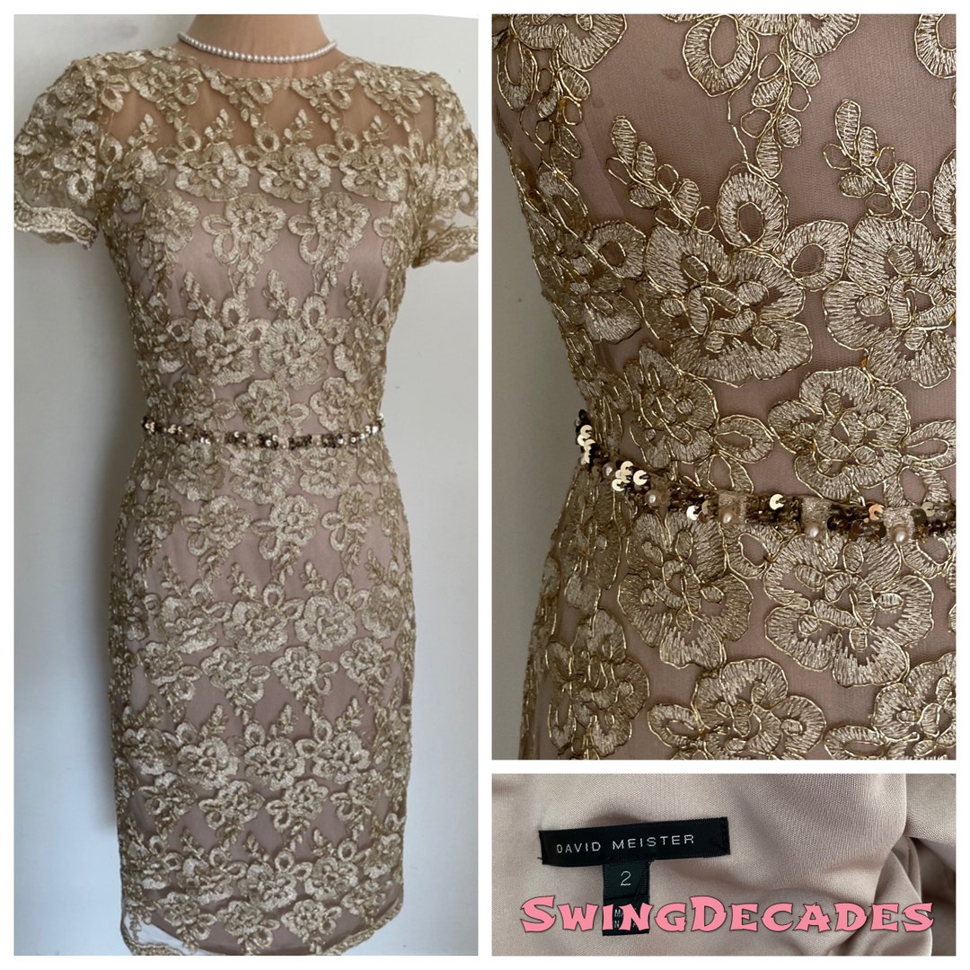 Sweet Champaign and Gold Lace Mini Dress Vintage With Pearl Decorated ...