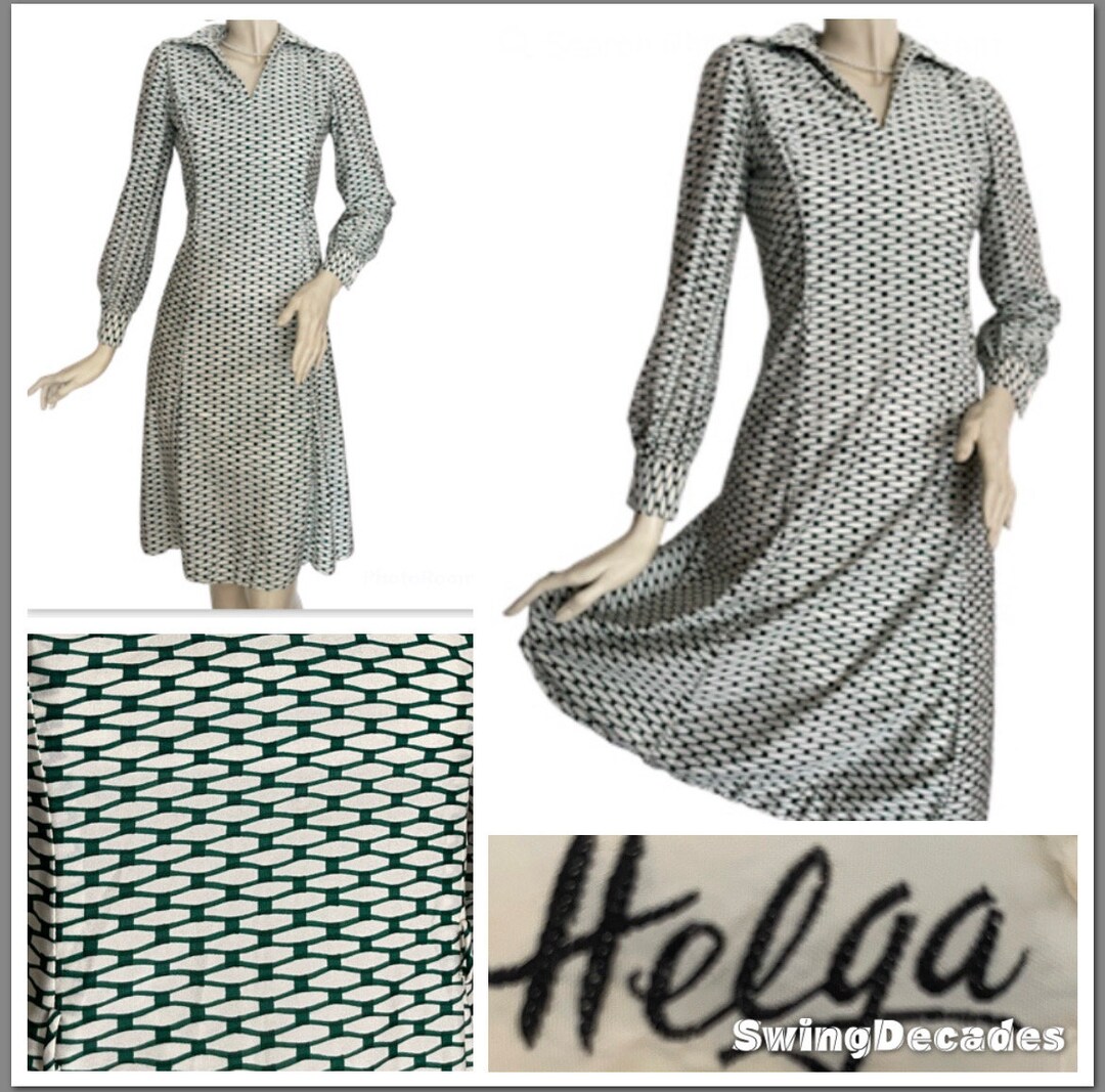 Retro 70s Dress White With Green and Long Collar by Designer Helga Excellent Vintage Condition ...