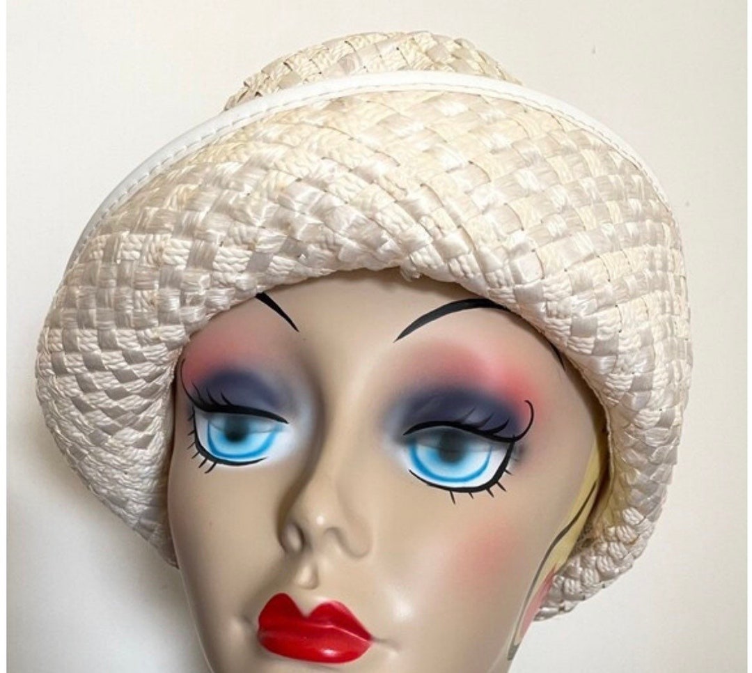 White Raffia Cloche Style Hat With Deep Brim and Ribbon Perfect for ...