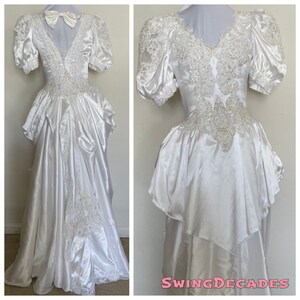 Elegant 80s Form Fitting Satin Wedding Gown With Peplum Style ...