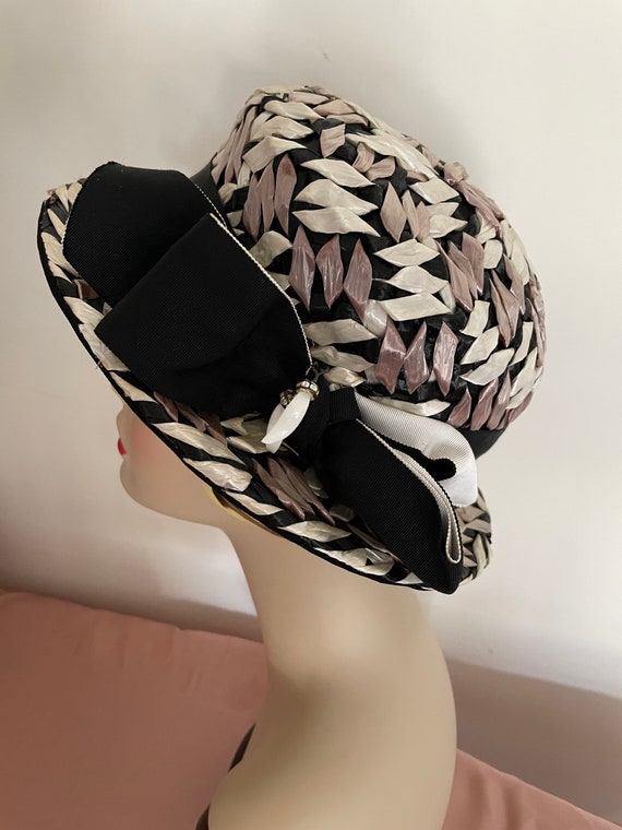Amazing Midcentury Tricolor Straw Hat with Rhinestone… - Gem
