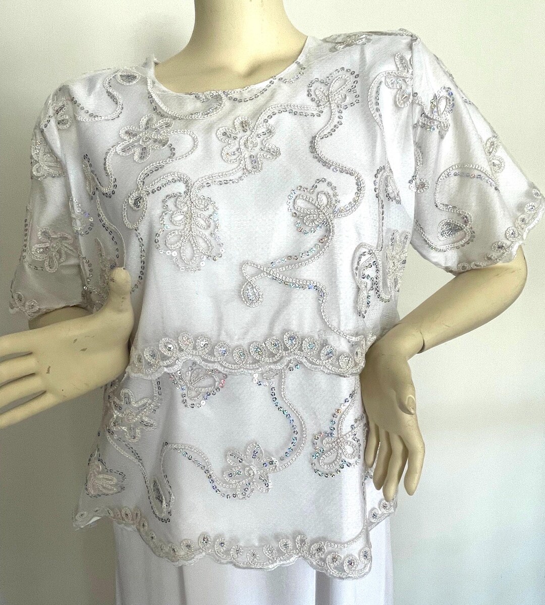 White Formal Top With Silver Beaded Design Scalloped Hem and Half ...