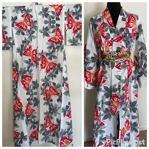 Crisp Cotton Kimono Style Long Robe with Butterflies … - Gem