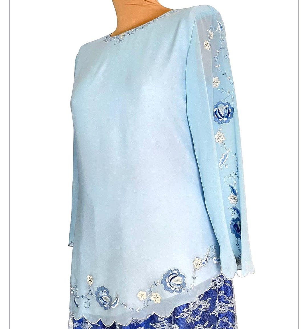 Light Blue Formal Top Asymmetric Scalloped Hem and Embroidery Roses ...
