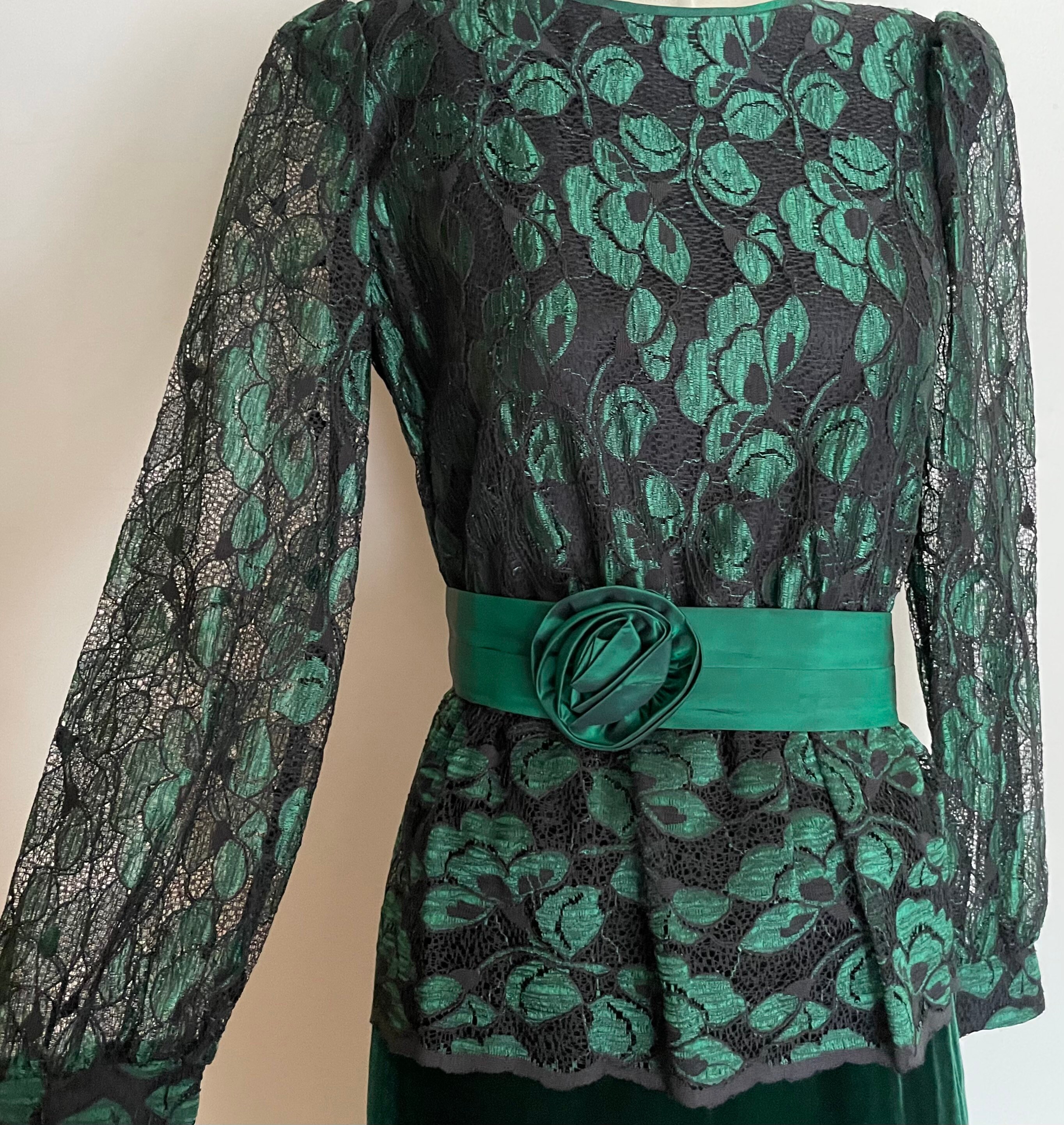 Great 80s Green Velvet With Lace Top Formal Prom Dress With Satin Sash ...