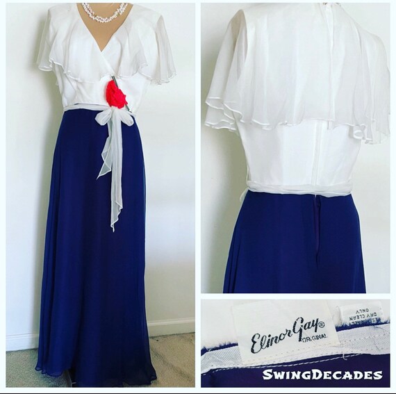 Bicentennial Themed 70s Chiffon Maxi With Ruffled Col… - Gem