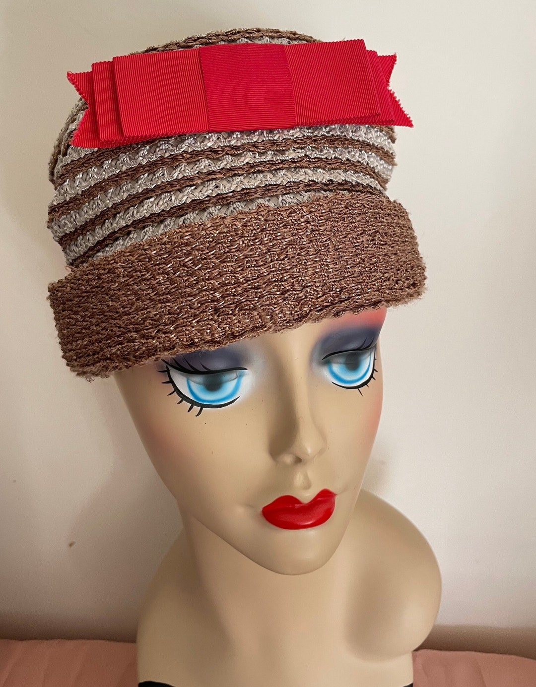 Mid Century Brown Gray Straw Cocktail Hat With Red Bow by Designer ...