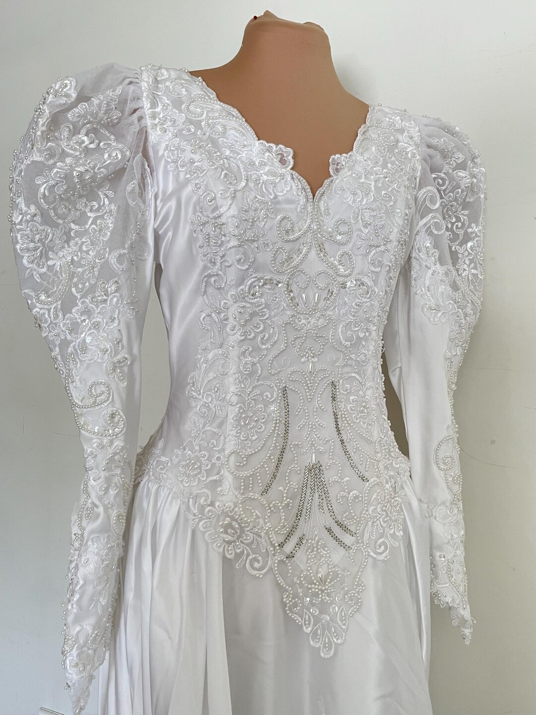 80s Victorian Style Form Fitting Satin Wedding Gown With Exquisite ...