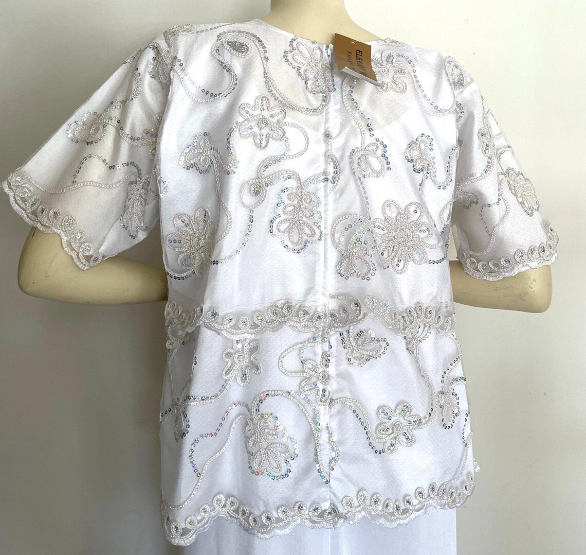 White Formal Top With Silver Beaded Design Scalloped Hem and Half ...