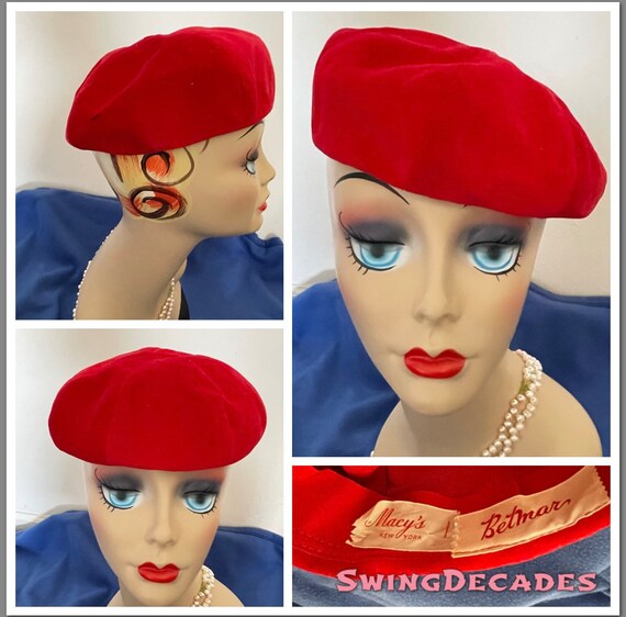 Stylish Midcentury Red Velvet Beret, Tam or Beanie Co… - Gem