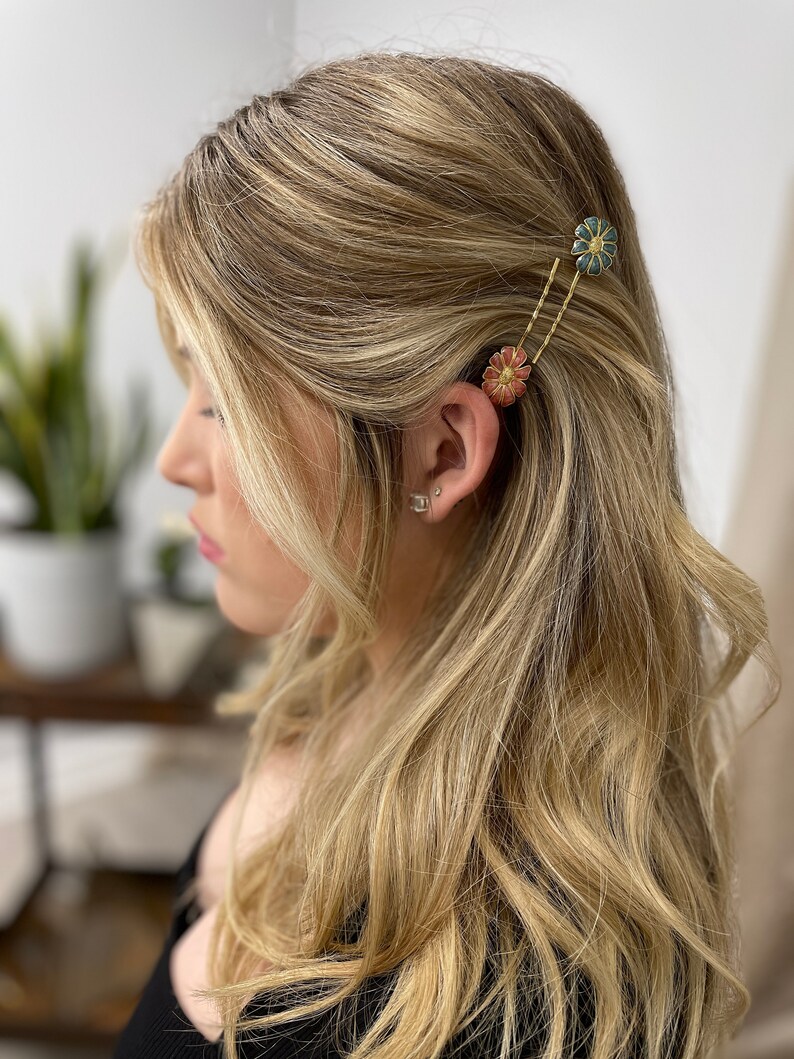 Vintage Enamel Flower Bobby Pins set of Two - Etsy