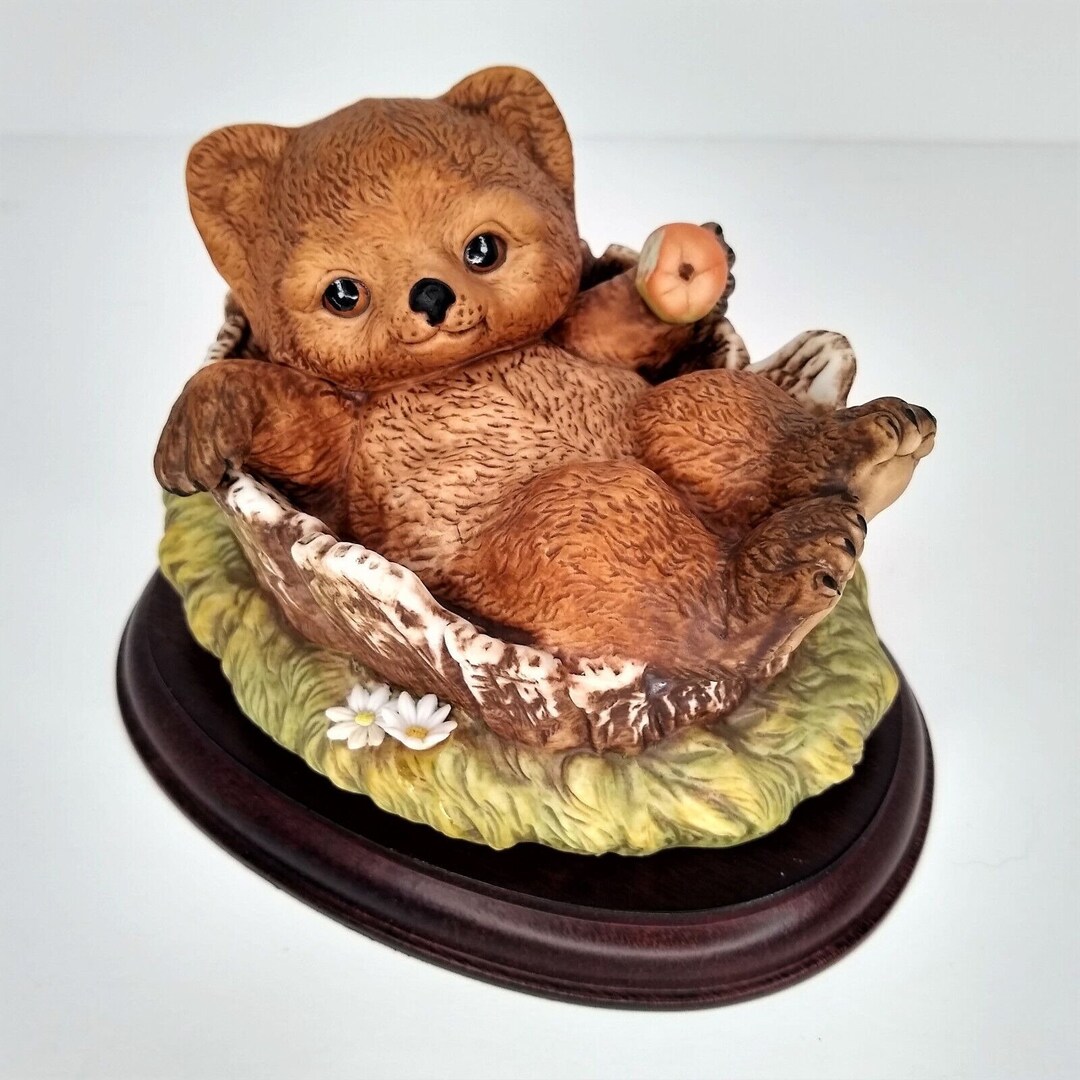 Masterpiece Porcelain by Homco Bear Cub in Tree Stump Holding Apple ...