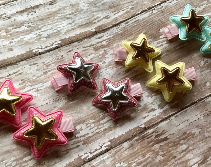 Adorable Glitter Star Clips MANY COLORS Set of 2 Ribbon Lined Hair ...