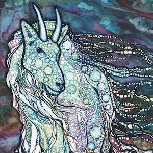 Mountain Goat - Print of Ethereal Watercolour Painting, Star Galaxy ...