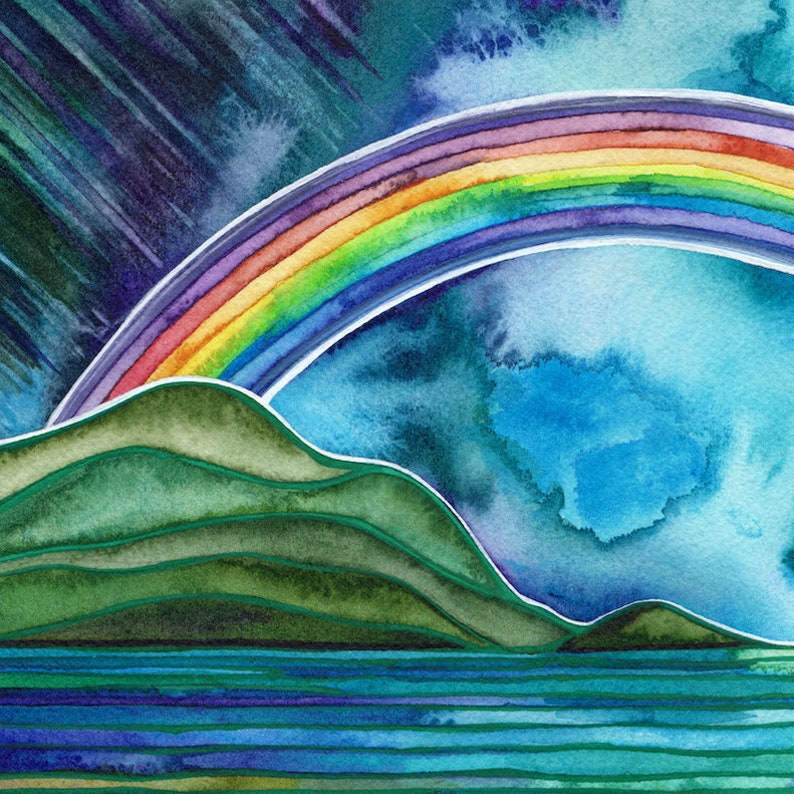 Rain Water - Watercolour Print of Original Painting, Rainbow Storm Over ...