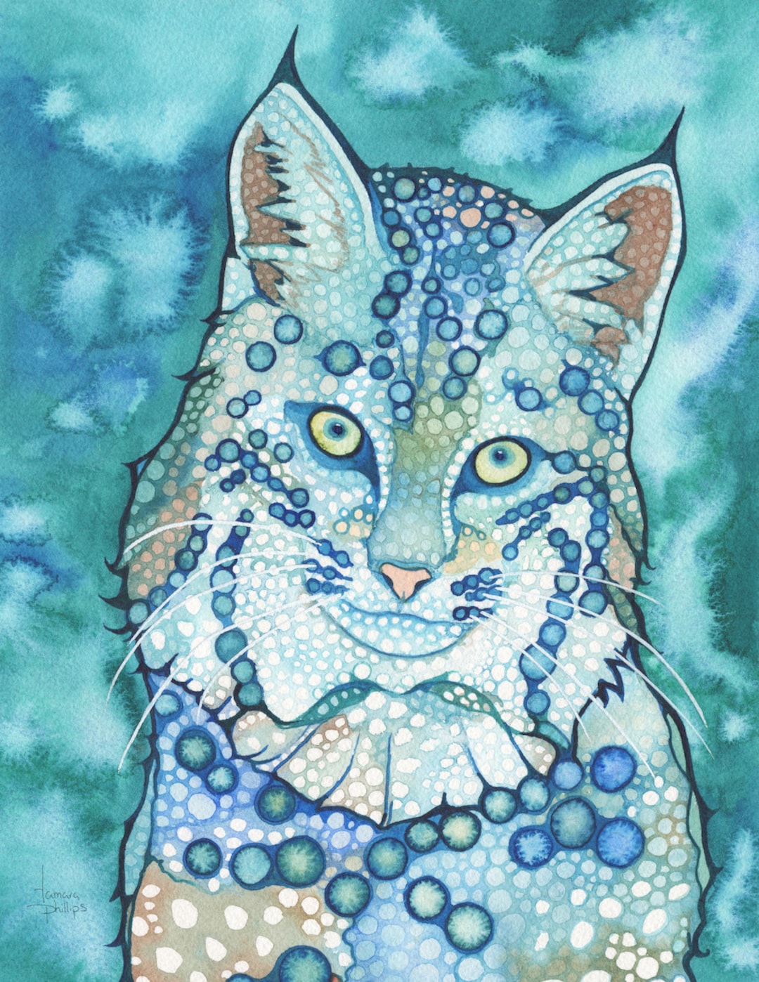 Bobcat - Print of Watercolor Cat Painting, Artwork in Baby Blue & Teal ...