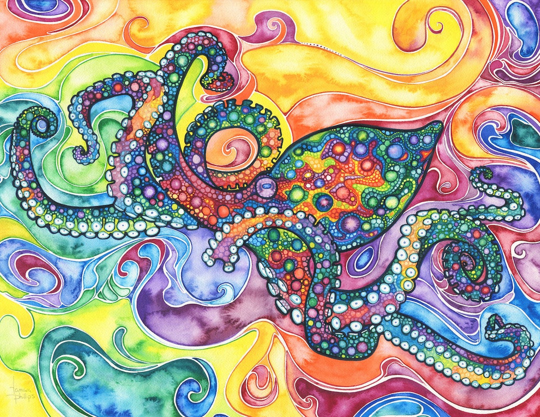 Psychedelic OCTOPUS - Print of Beautiful Rainbow Multicolour Octopus in ...