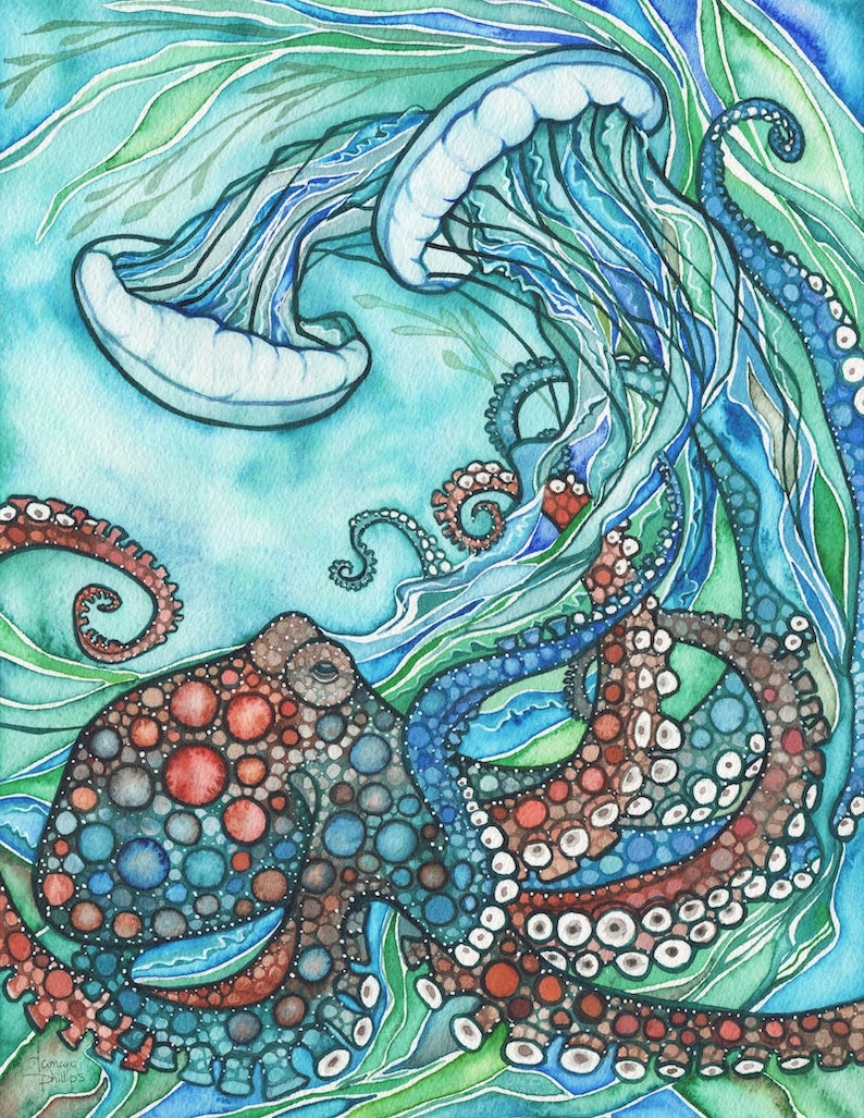 Octopus and the Jellyfish Print of Beautiful Sea Theme Art - Etsy