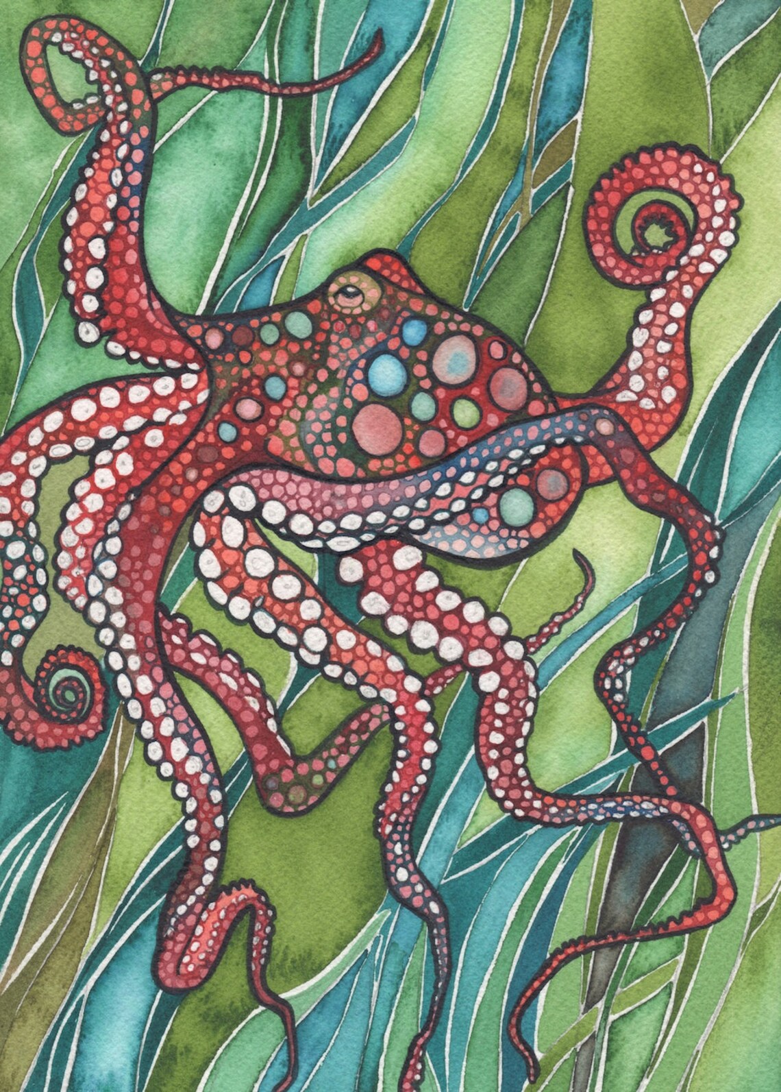 Red OCTOPUS print of Stunning Octopus in a Sea of Grass Green - Etsy Canada