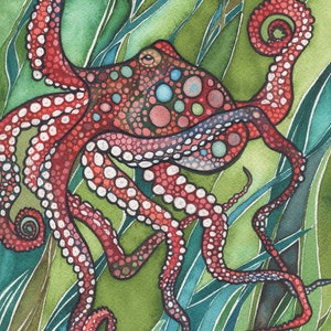 Red OCTOPUS -print of Stunning Octopus in a Sea of Grass Green Kelp ...