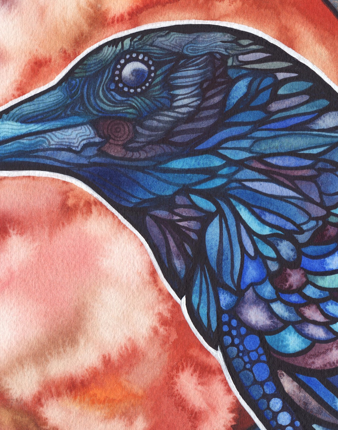 Fire Crow - Print of Watercolour Artwork, Beautiful Blue Bird Corvidae ...
