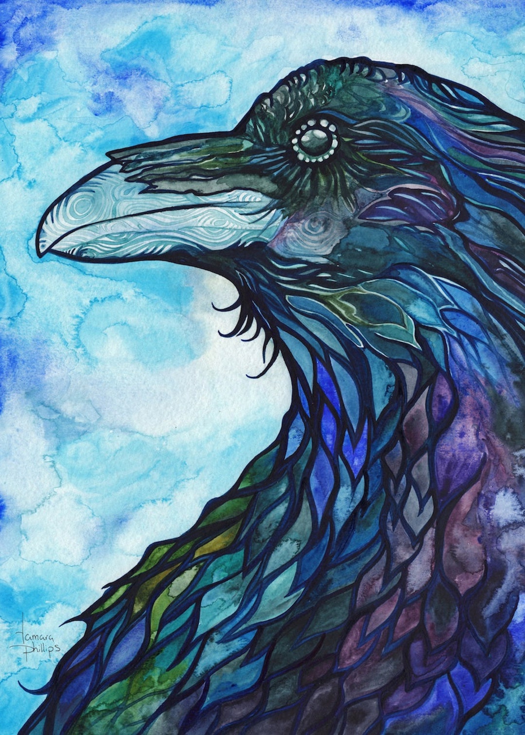 Raven Print: Turquoise Blue Watercolor Bird Art - Etsy