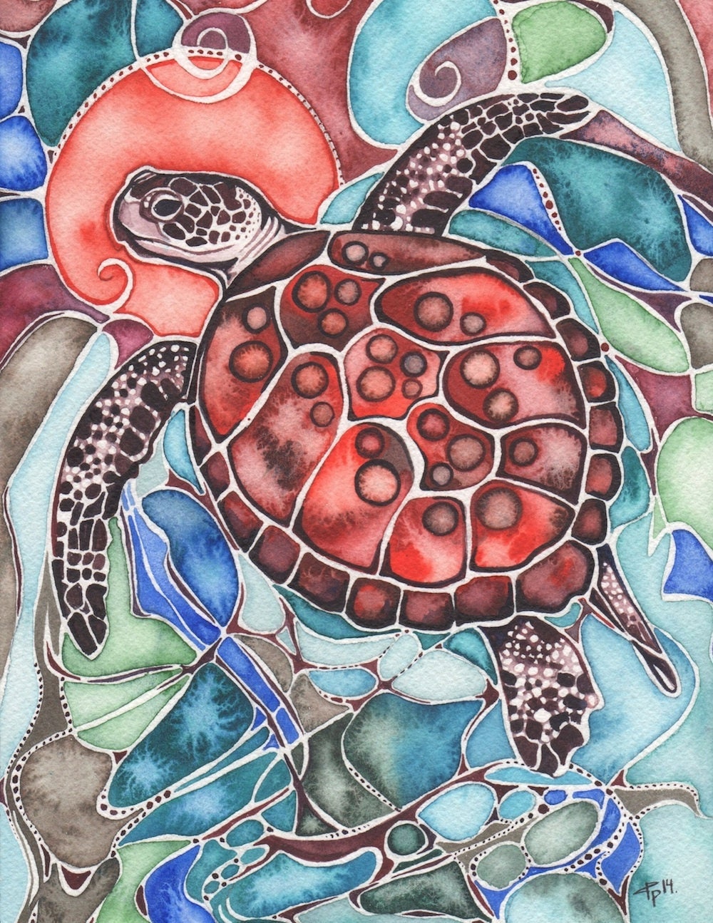 Red Sea Turtle Print of Watercolour Artwork in Vibrant Fire | Etsy