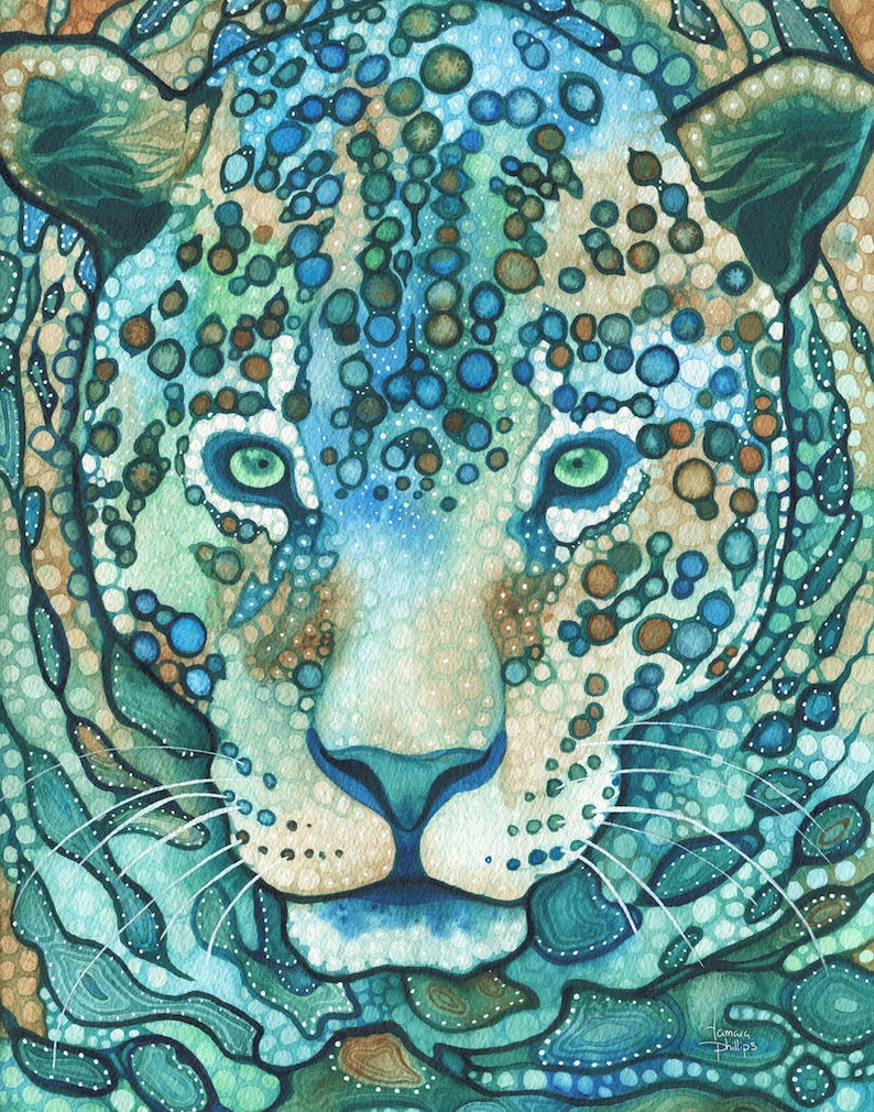 Jaguar print of watercolour jungle cat turquoise teal | Etsy