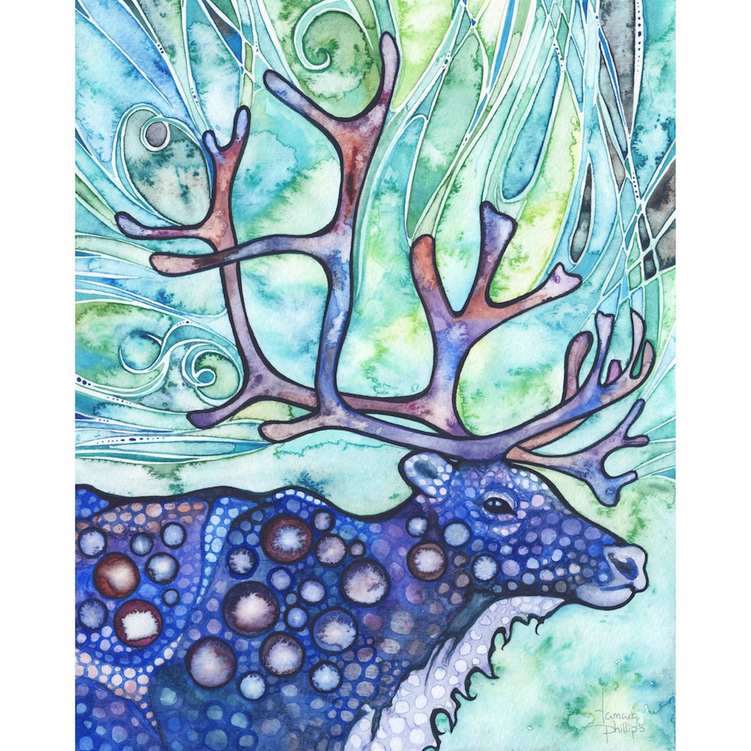 Caribou / Reindeer - Print of Watercolour Artwork, Northern Lights ...