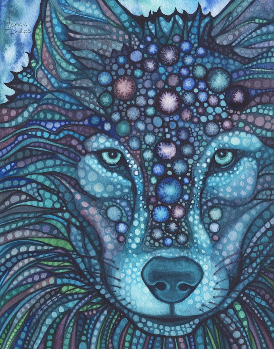 Starwolf - Print of Watercolour Wolf in Turquoise Blue Grey Teal ...