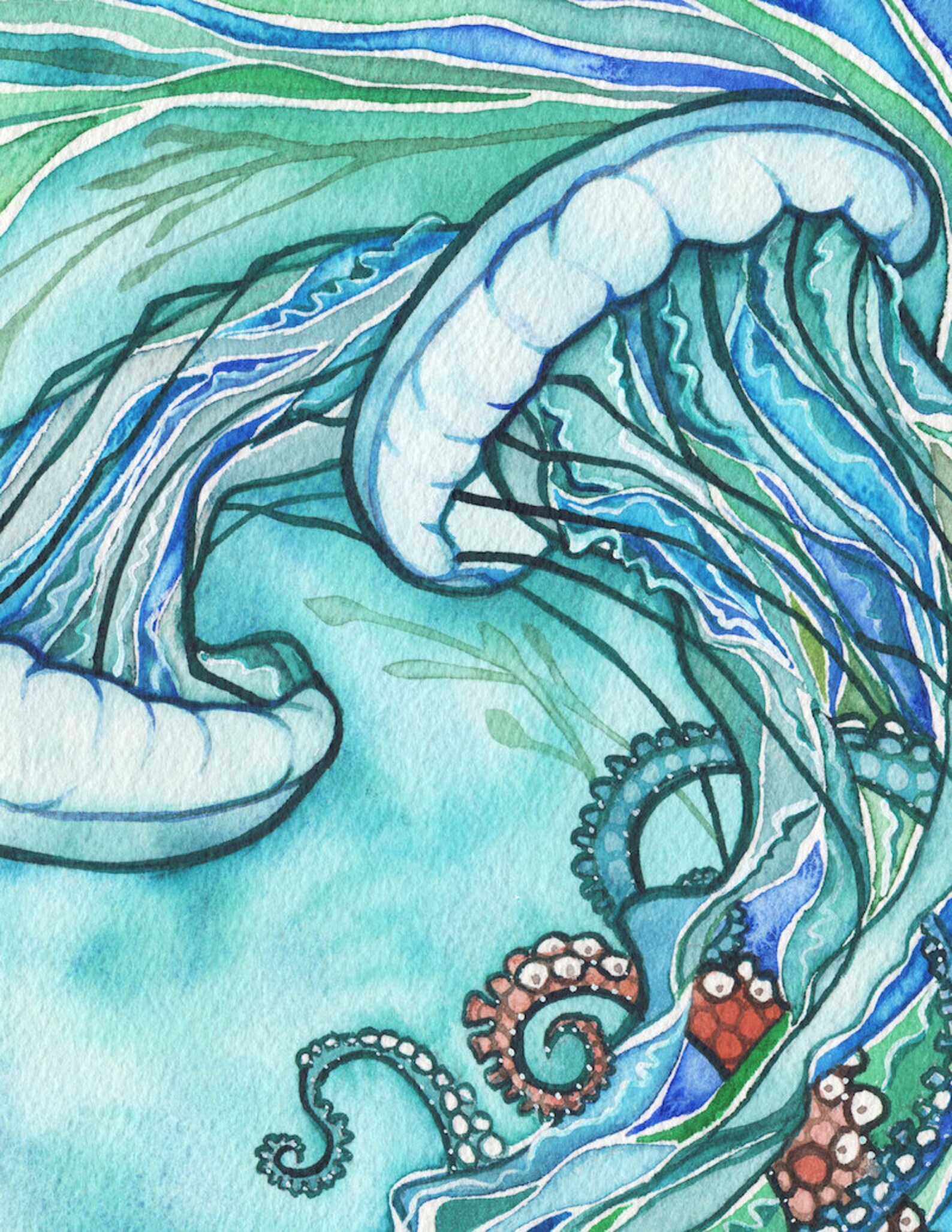 Octopus and the Jellyfish Print of Beautiful Sea Theme Art - Etsy