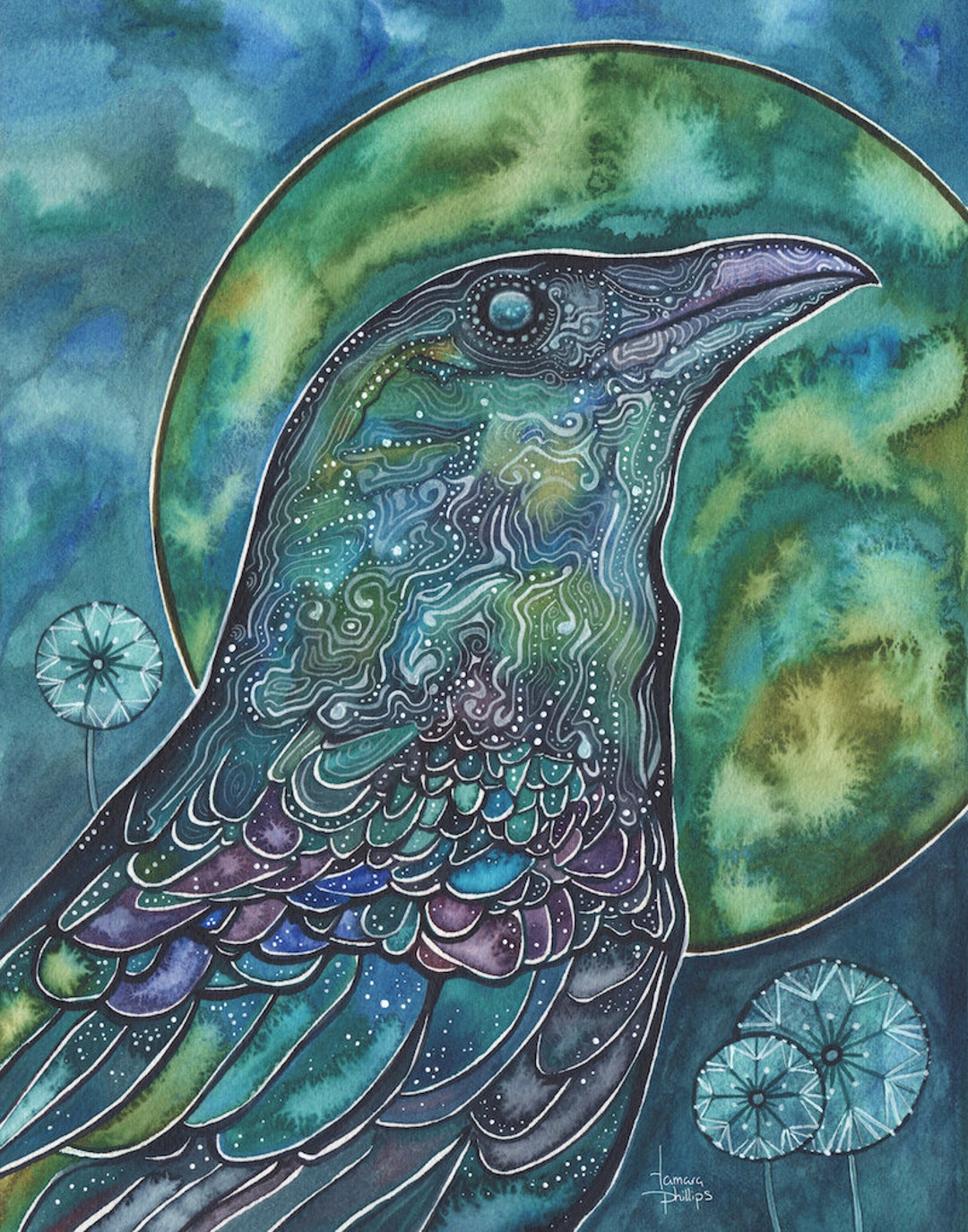 Moon Crow - Print of Watercolour Artwork, Beautiful Blue Bird Raven ...
