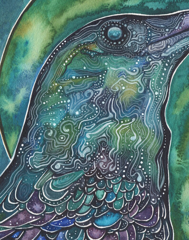 Moon Crow Print of Watercolour Artwork Beautiful Blue Bird - Etsy